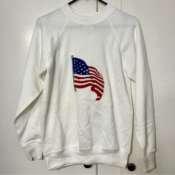 Hanes | Tops | Vintage 8s Hanes White Crewneck American Flag Sweatshirt ...
